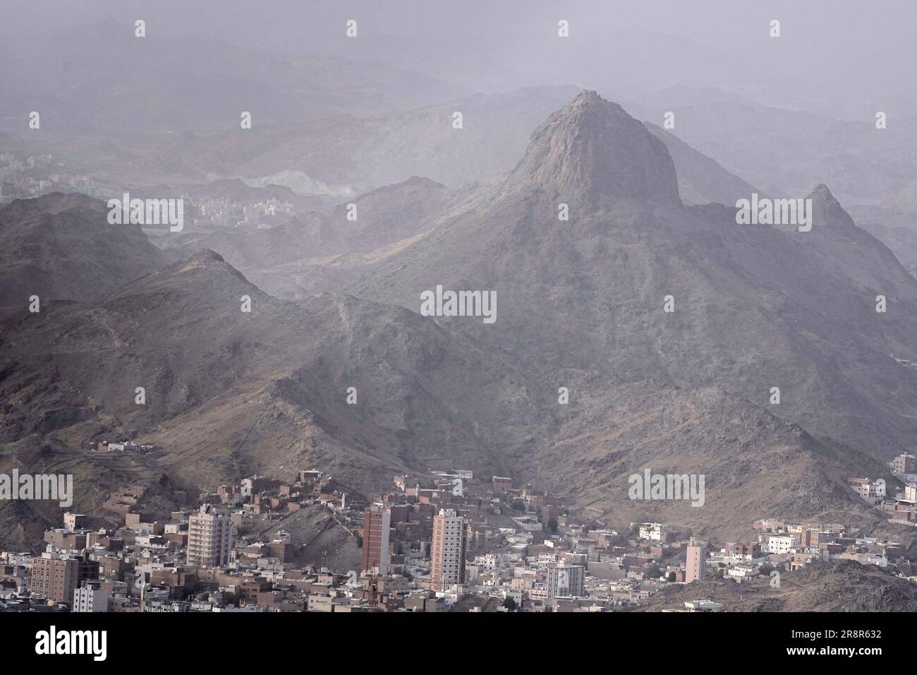 General view shows the mountains surrounding the Grand Mosque, in Mecca ...