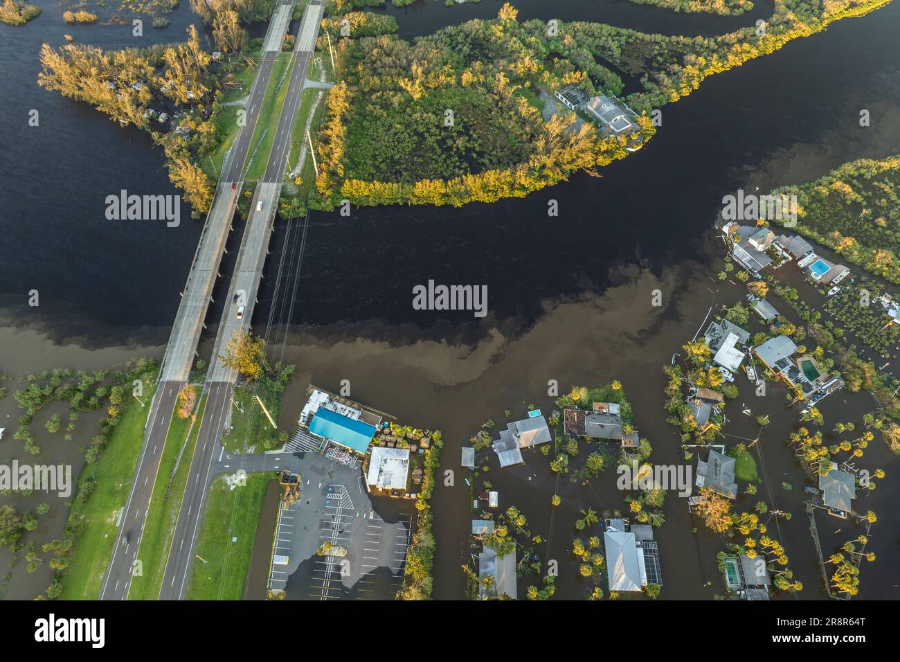 Flooded houses by hurricane Ian rainfall in Florida residential area ...