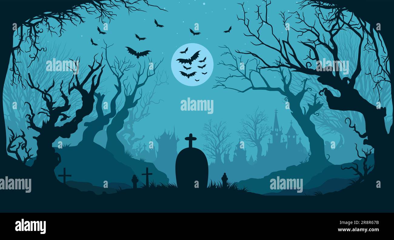 Haunted Graveyard in Forest Halloween Background Stock Vector Image ...
