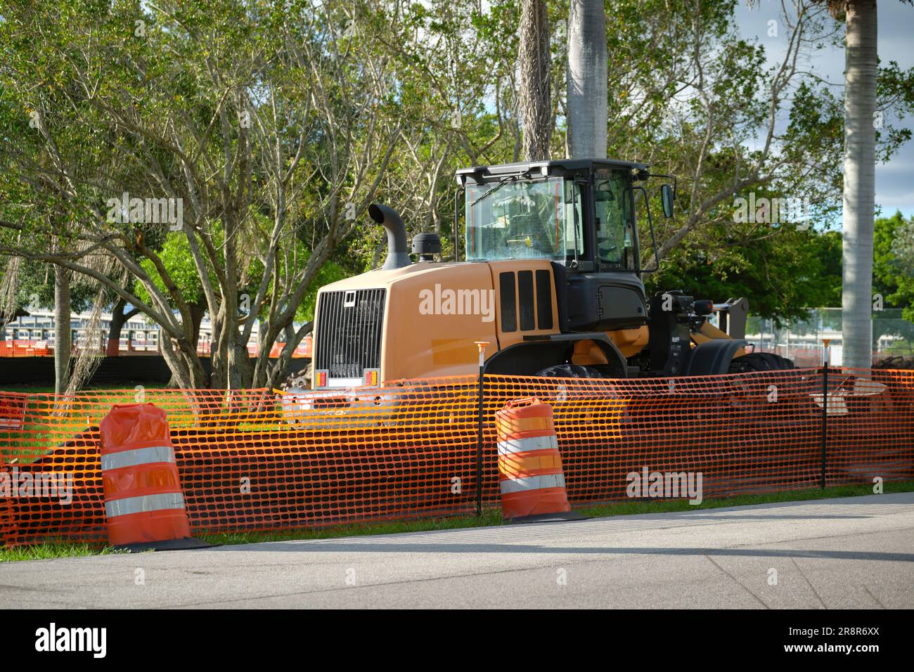 Protective restriction barrier at industrial construction site. Safety ...