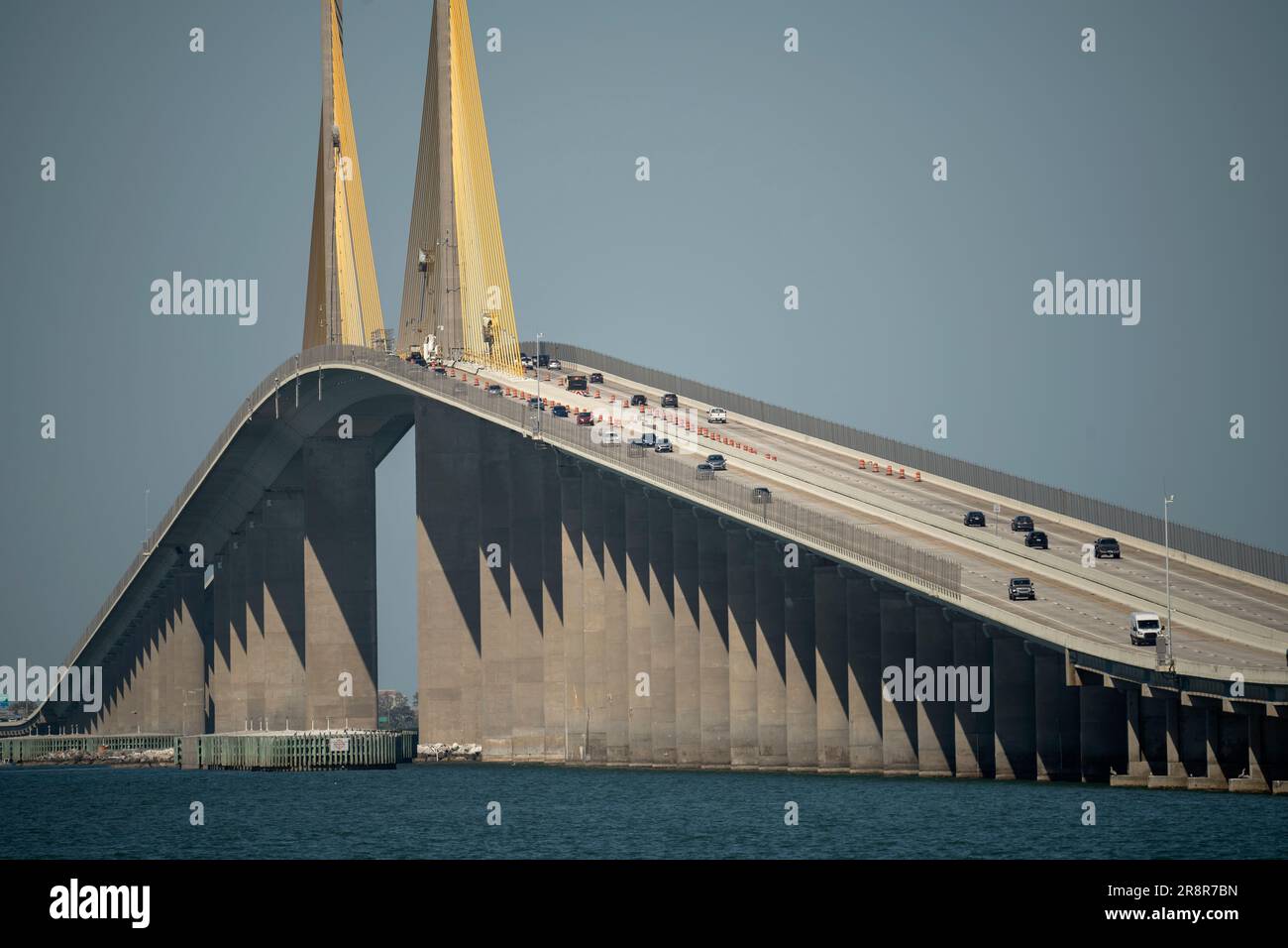 Sunshine Skyway Bridge over Tampa Bay in Florida with moving traffic ...