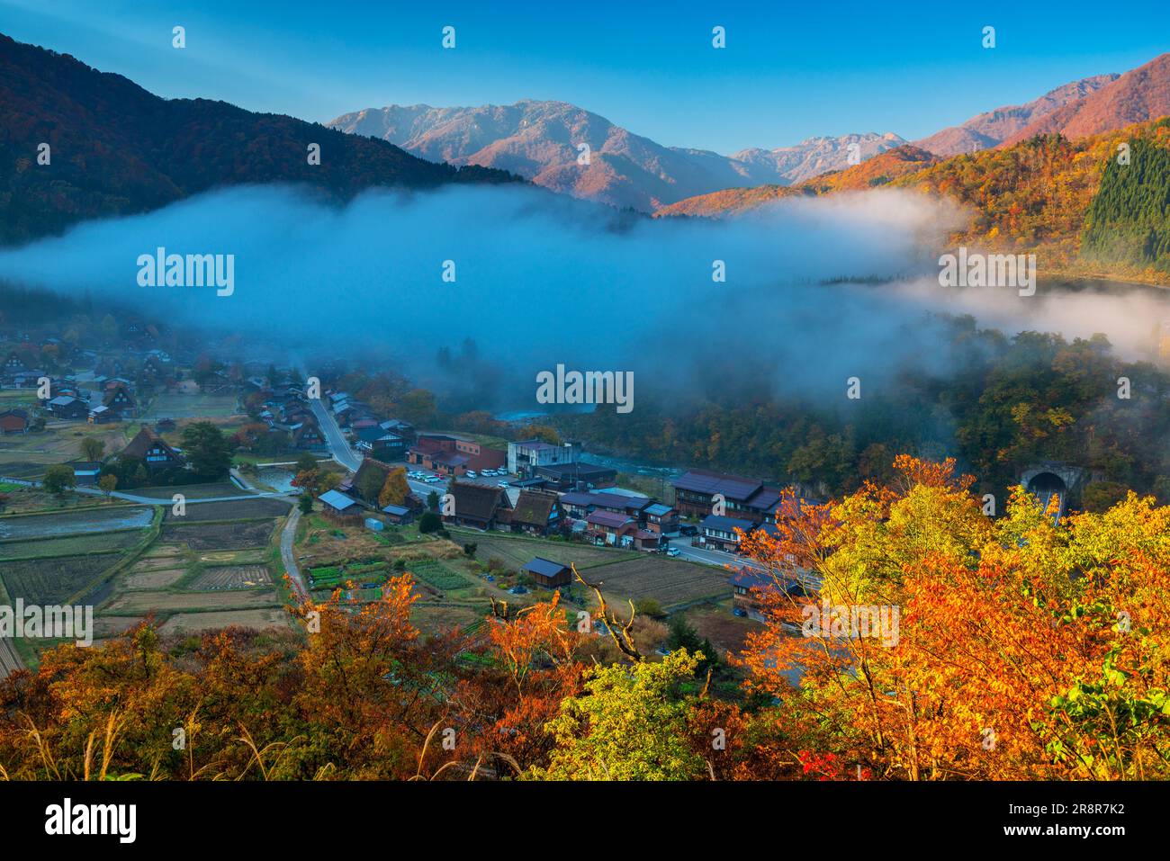 Mount Hakusan in the morning glow and sea of clouds from autumn Shirakawago Stock Photo - Alamy