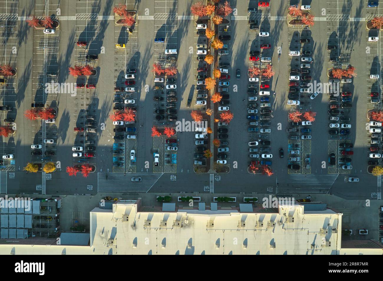 View from above of american grocery store with many parked cars on ...
