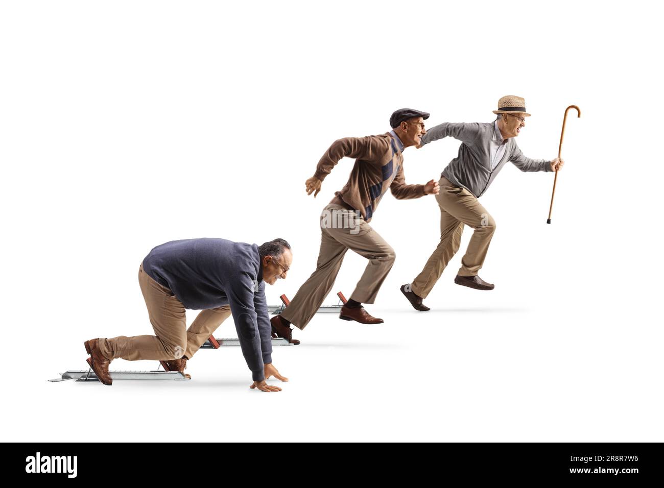Seniors beginning a running race isolated on white background Stock ...