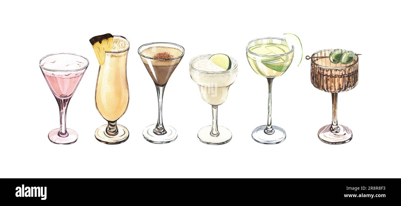 Watercolor cocktail glasses set: martini, gin, wine, margarita, goblet ...