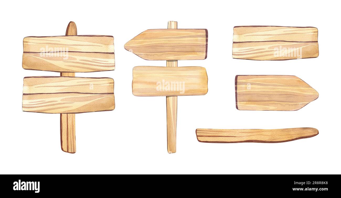 Watercolor set the wooden pointer street signs guidepost. Textured wood ...