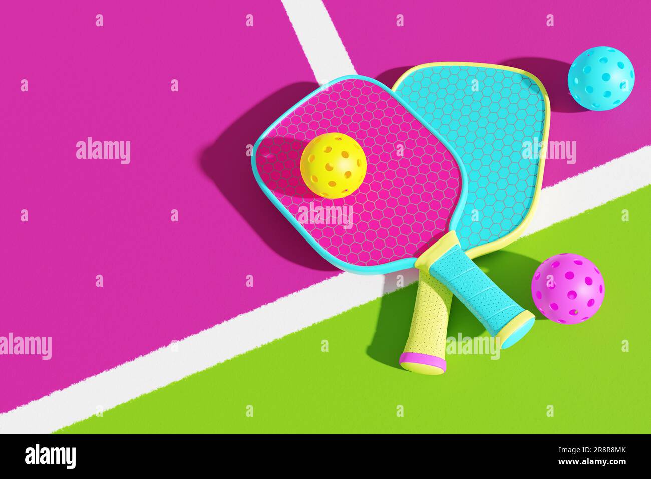 Pickleball sports court. Two rackets and balls . 3d rendering Stock ...
