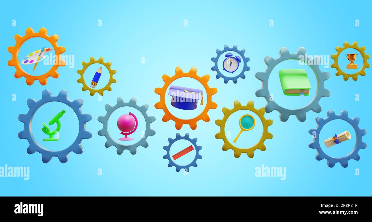 Back to school. Elements of student learning in gears. 3d rendering ...