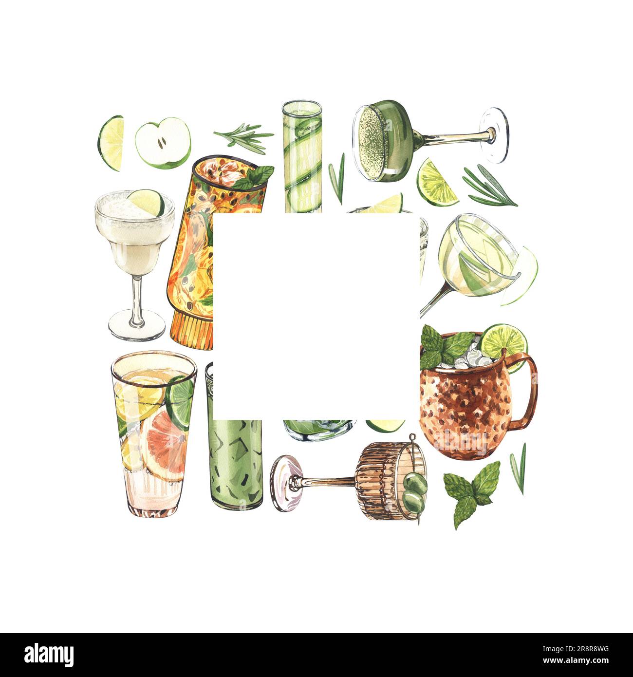 Watercolor frame, cocktail glasses: martini, gin,margarita,mojito ...