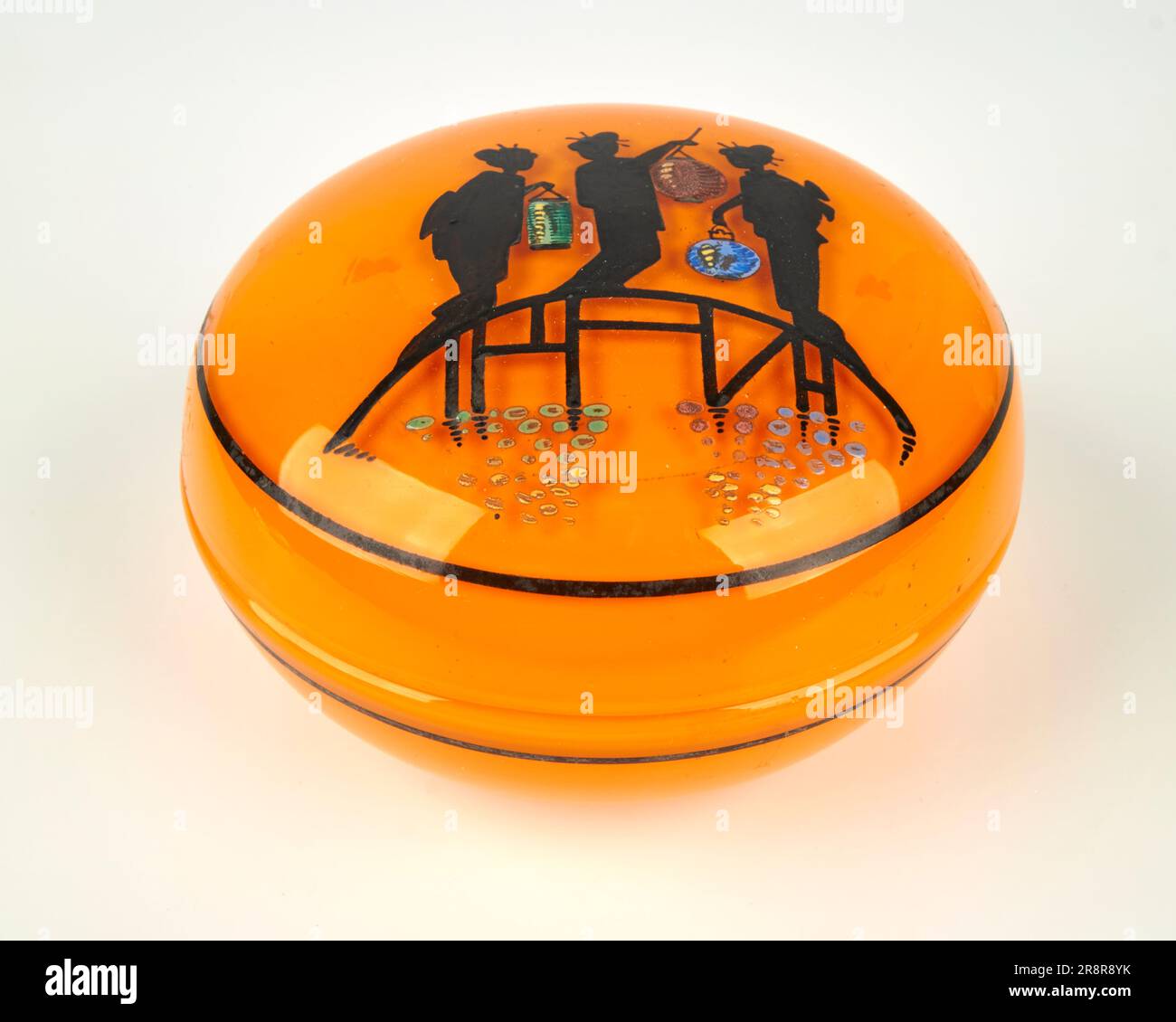 Antique 1920-30s enamel painted Tango glass box painted with three ...