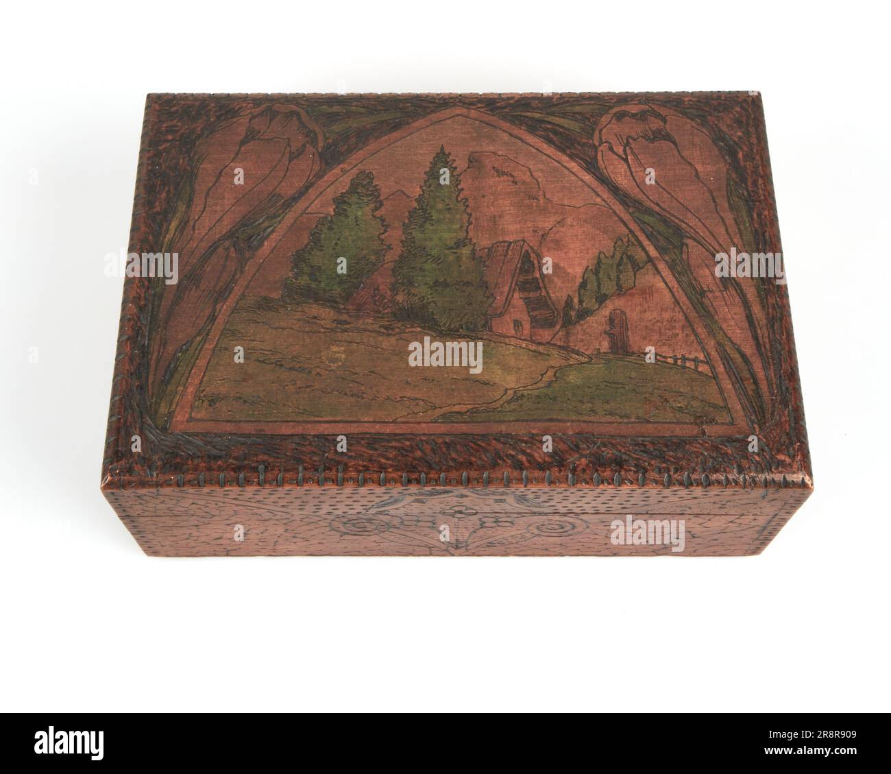Antique 1920-30s Art Deco alpine scene ink and pokerwork wooden box ...