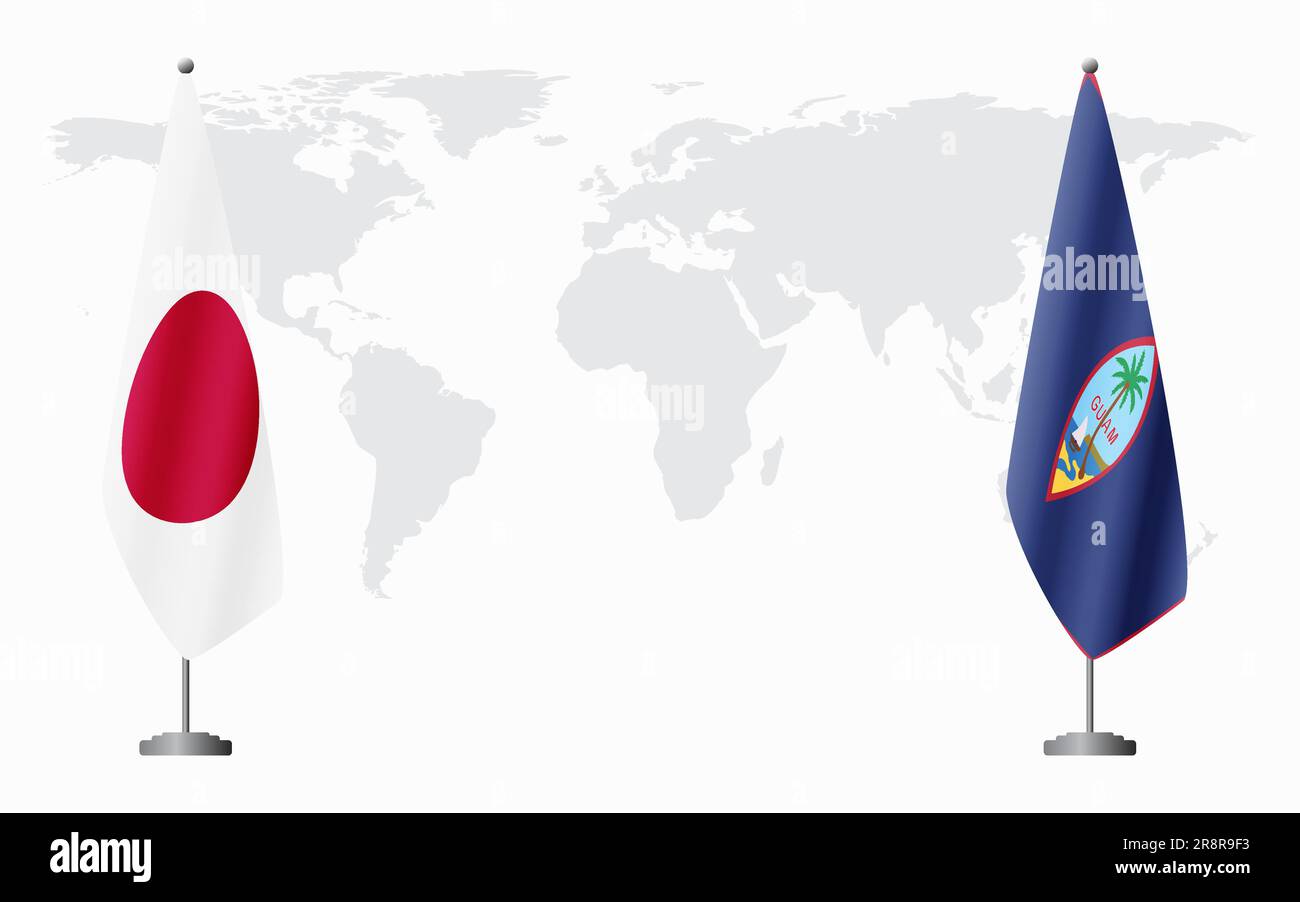 Japan and Guam flags for official meeting against background of world ...