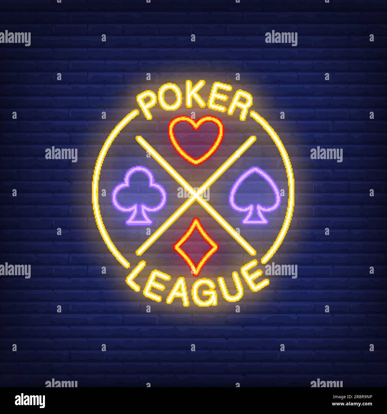 Poker league lettering with suits. Neon icon on brick background Stock ...