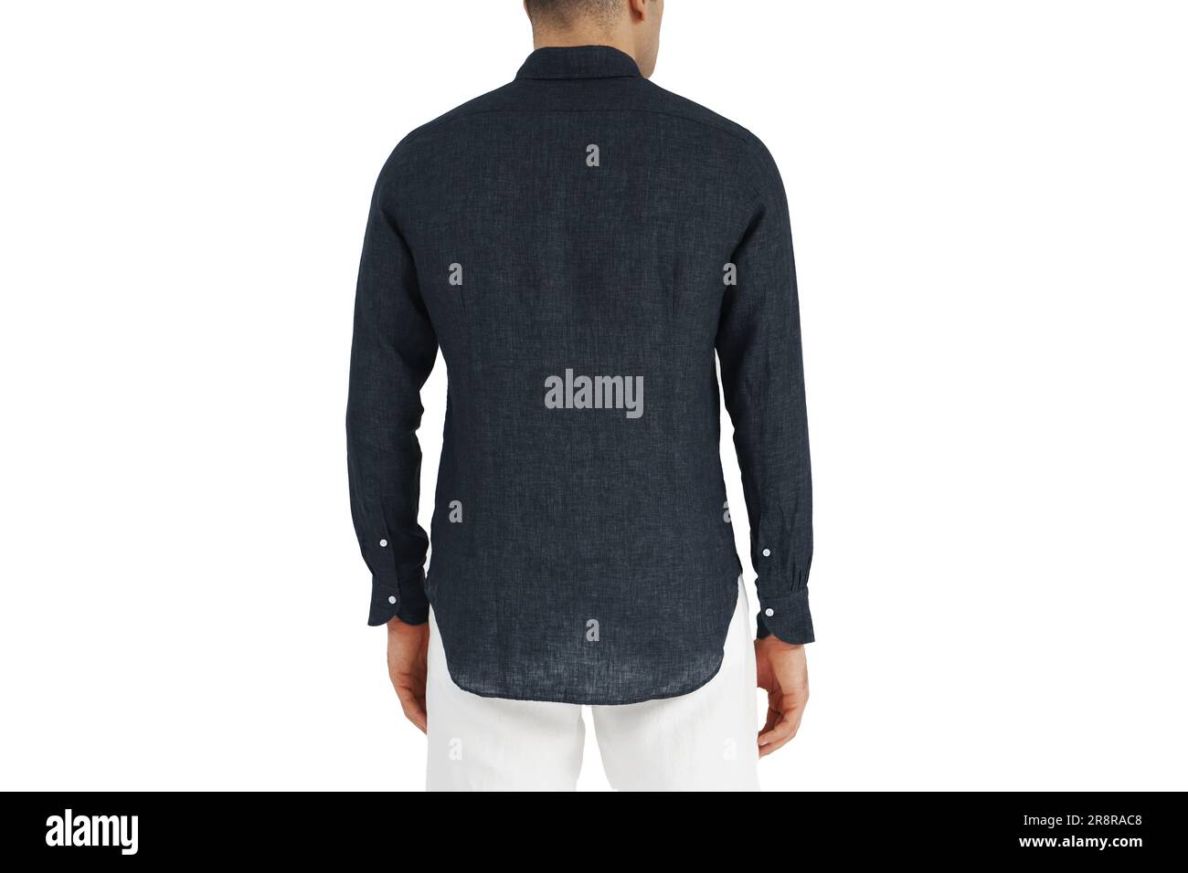 This high-resolution image features a men's dark blue shirt with an ...