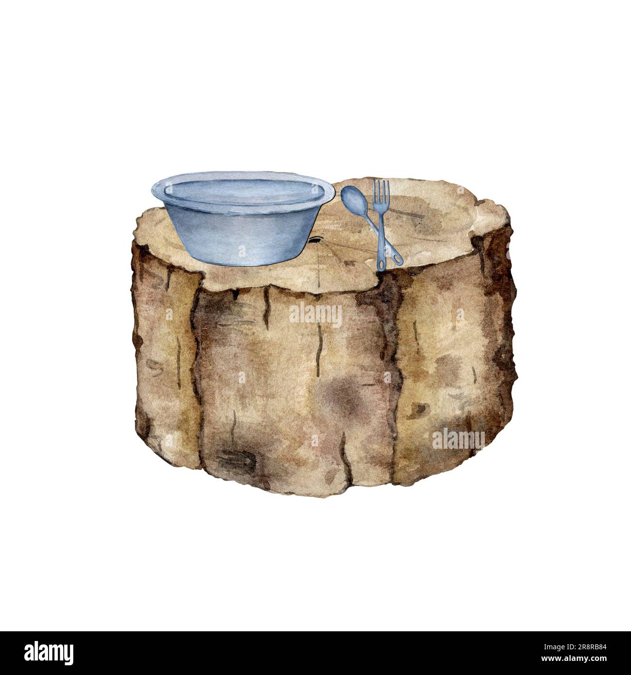 Cooking outdoors, Stump, metal plate, spoon, fork. Watercolor ...