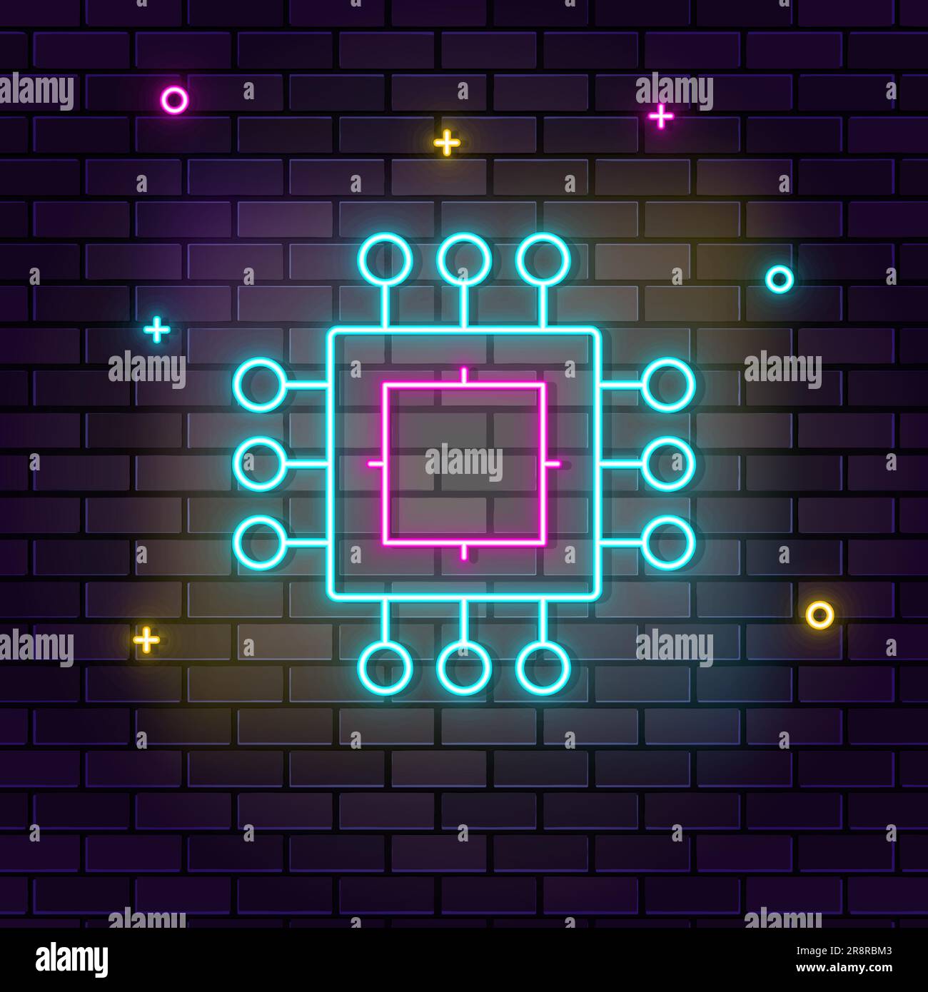 Processor, chip icon , neon on wall. Dark background brick wall neon ...