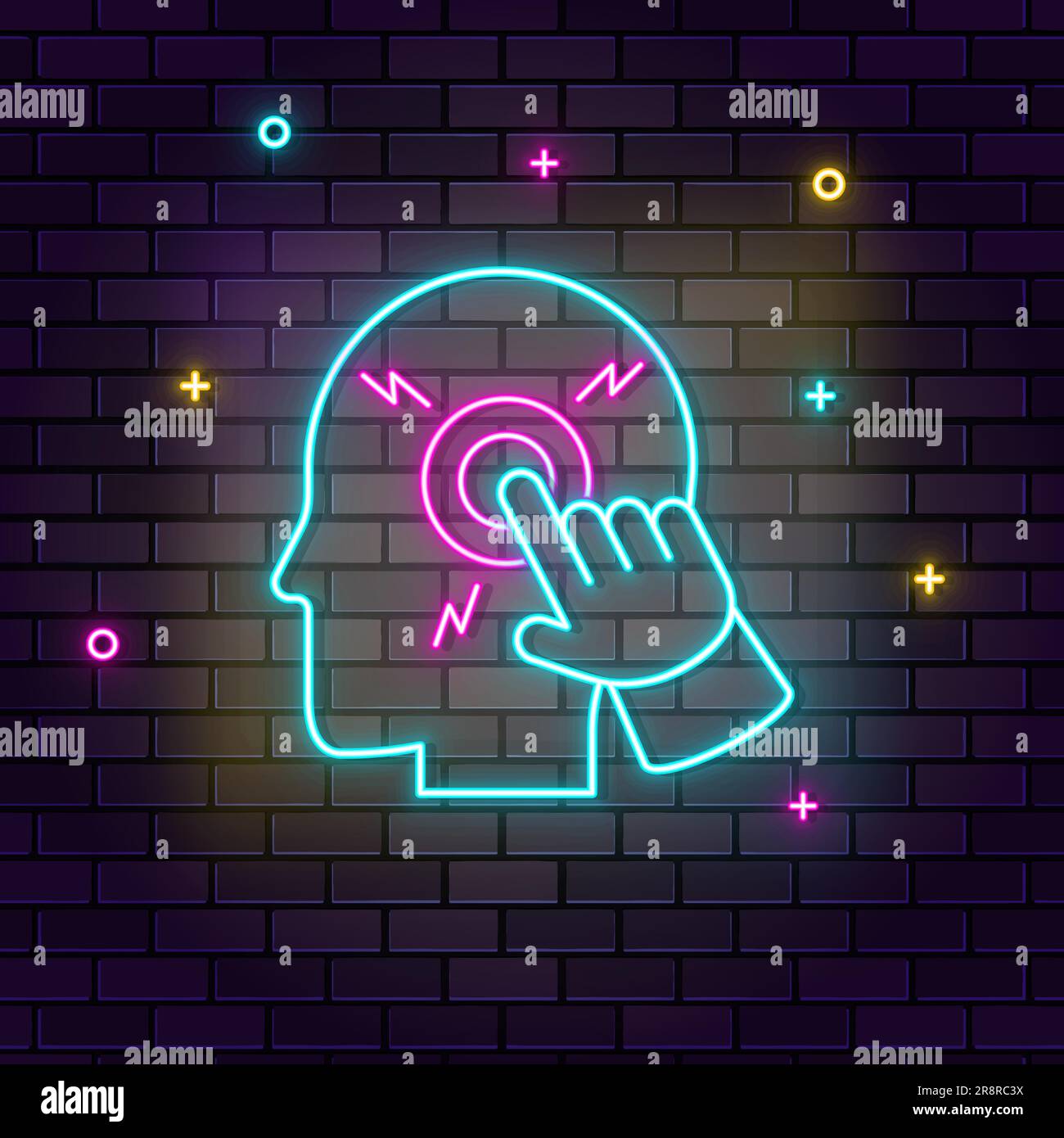 Computer, down, shut, smart, brain, man icon, neon on wall Dark ...