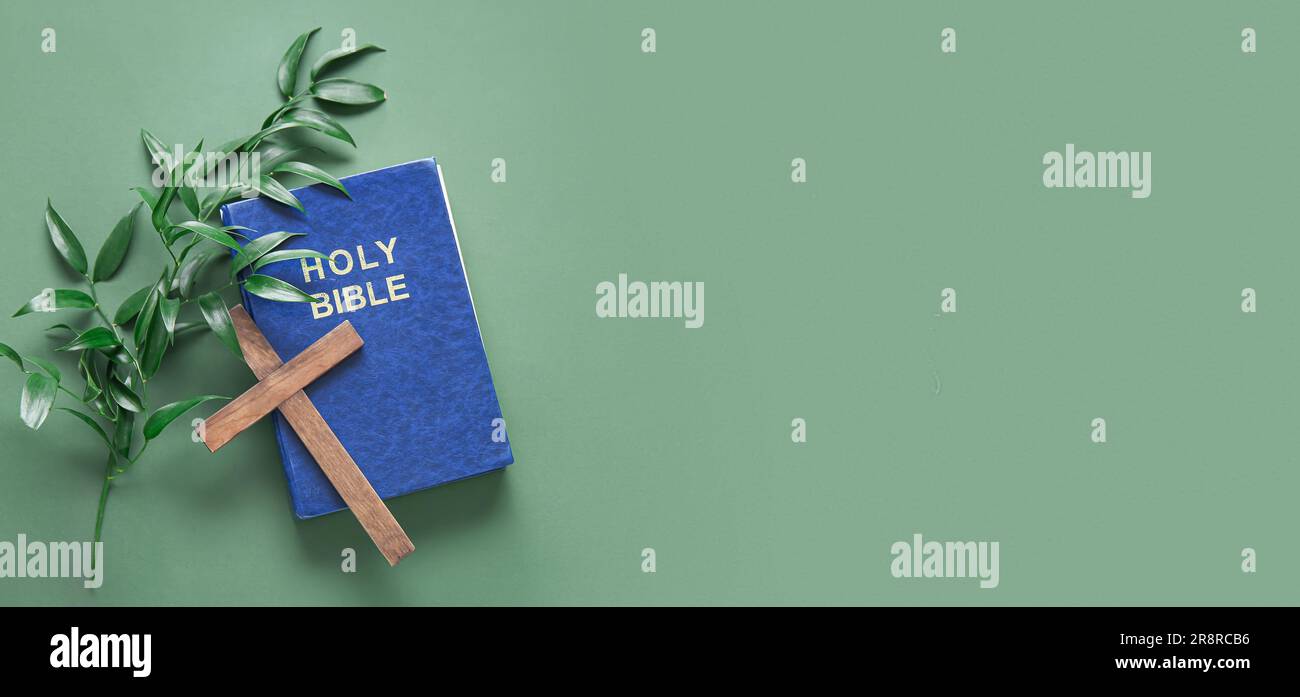 Holy Bible, cross and branch on green background with space for text ...