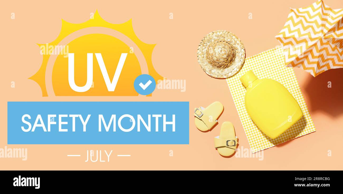 Sunscreen cream and beach accessories on orange background. Banner for ...