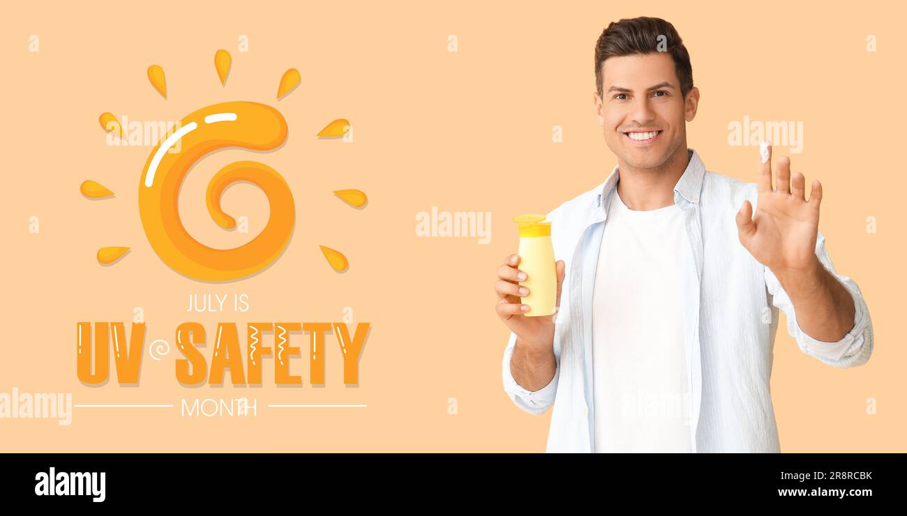 Young man applying sunscreen cream against color background. Banner for ...