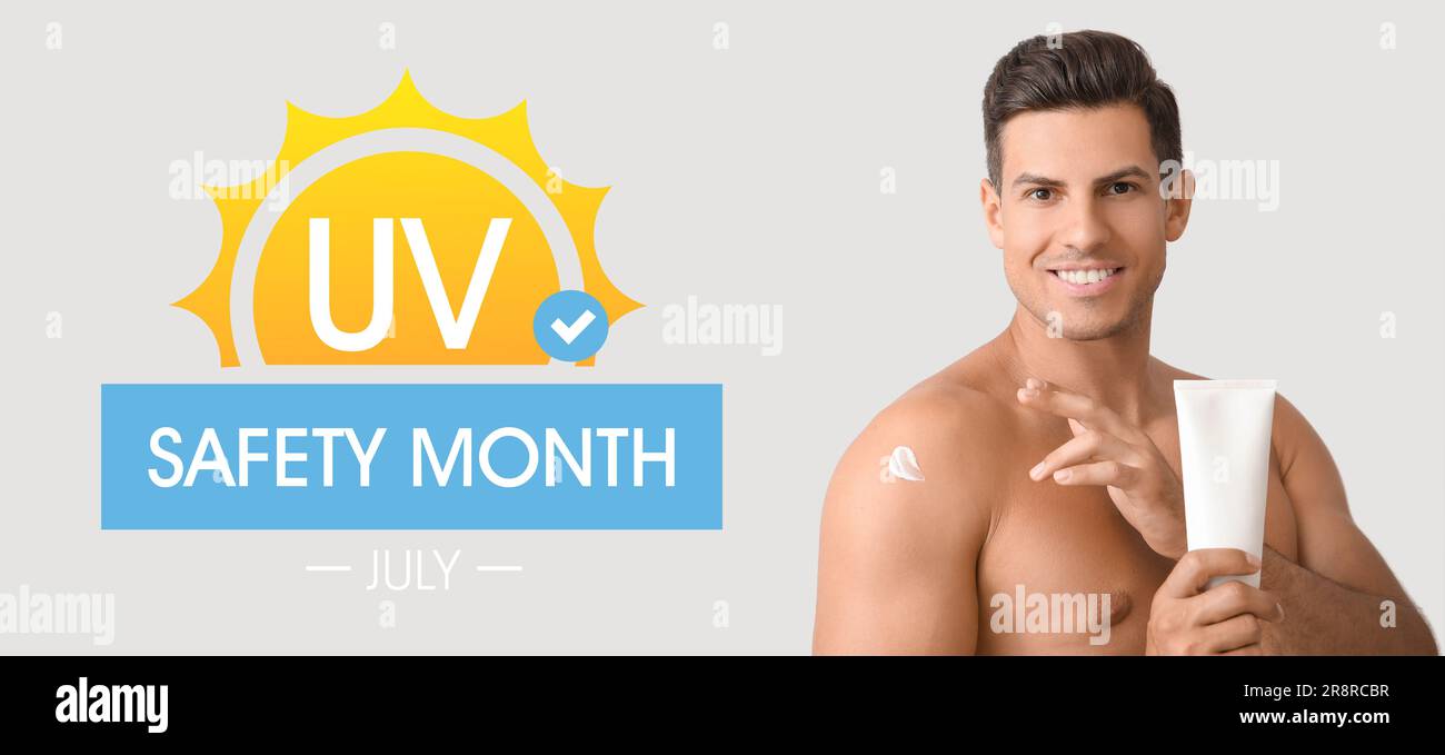 Young man applying sunscreen cream against light background. Banner for ...