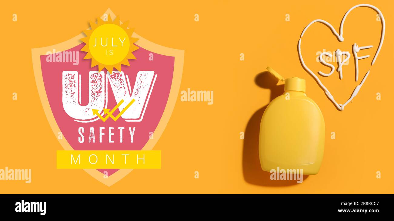 Bottle of sunscreen cream, drawn heart and word SPF on orange ...