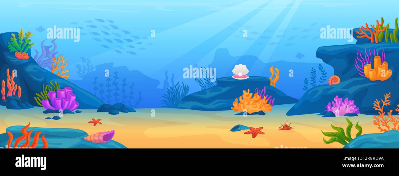 Seabed landscape. Underwater sea ecosystem, marine aquarium bottom with ...