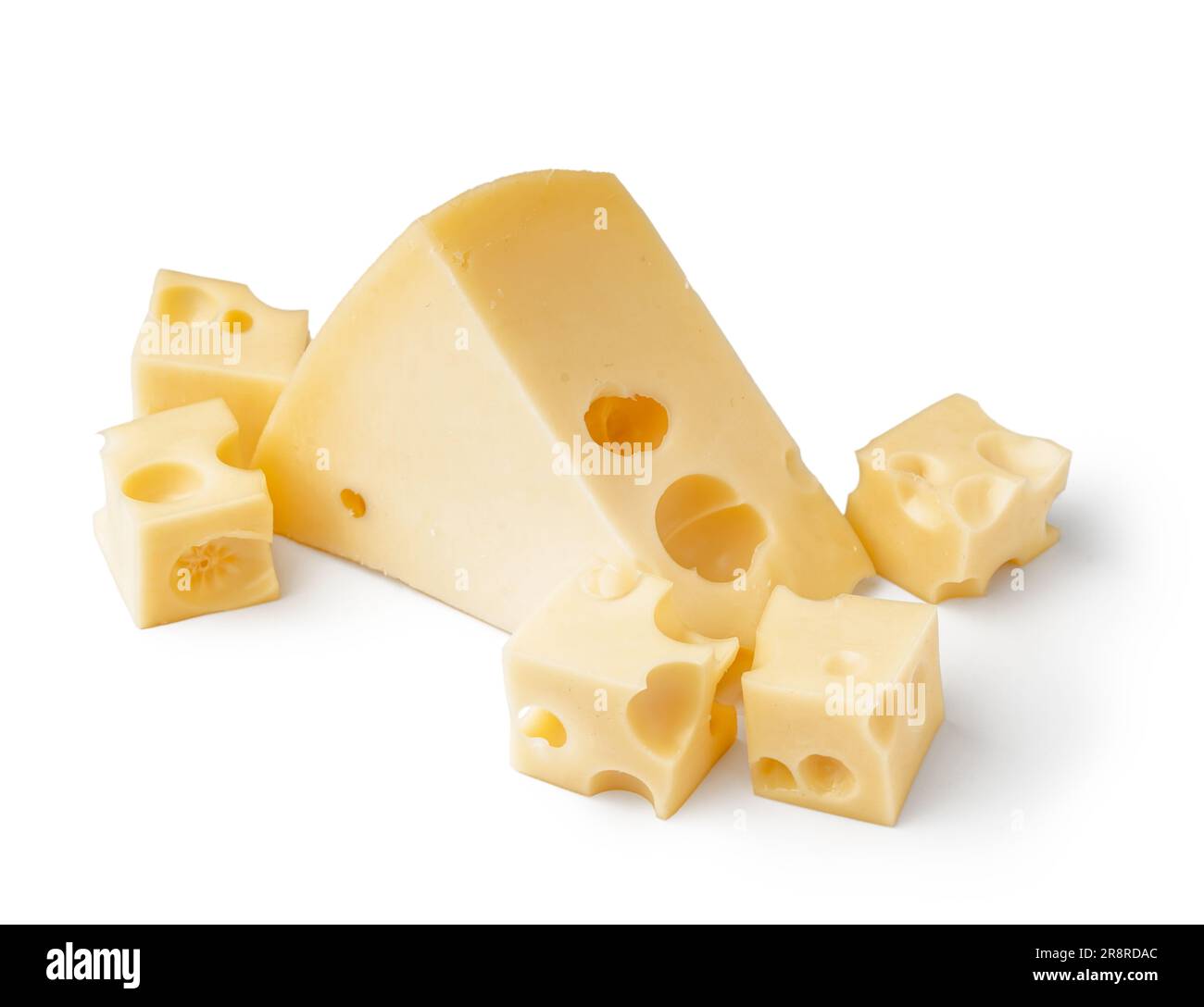 Piece and cubes of Swiss cheese on white background Stock Photo - Alamy