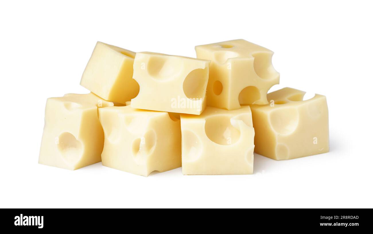 Cubes of Swiss cheese on white background Stock Photo - Alamy