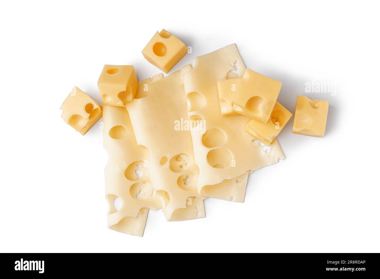 Cubes and slices of Swiss cheese on white background Stock Photo - Alamy