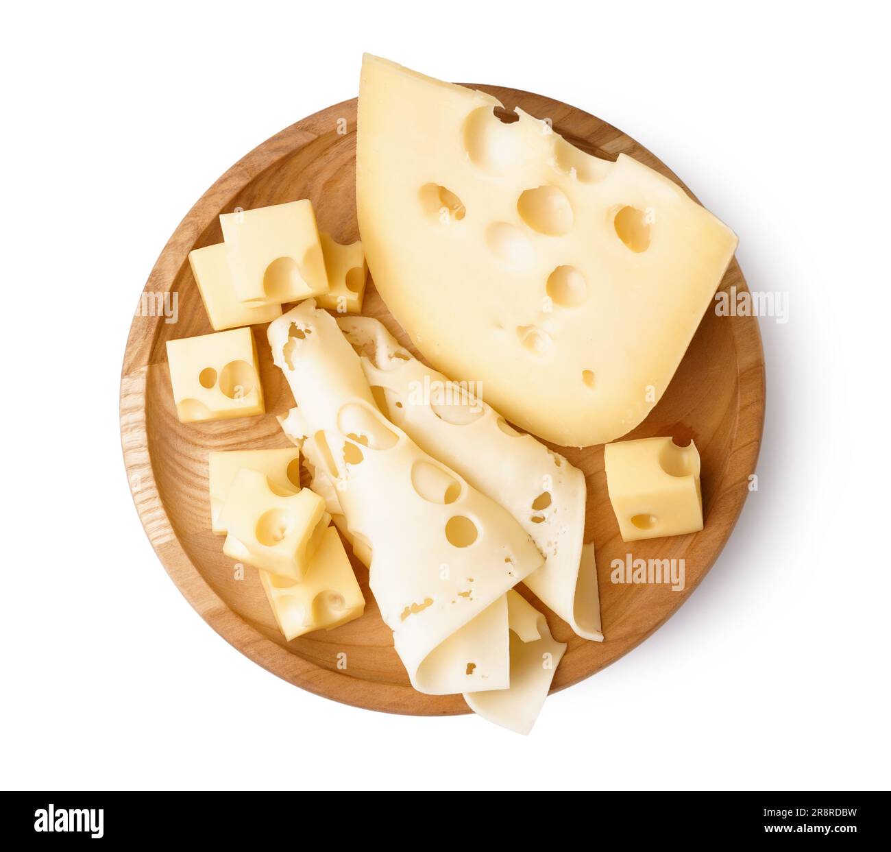 Piece, cubes and slices of Swiss cheese with wooden board on white ...