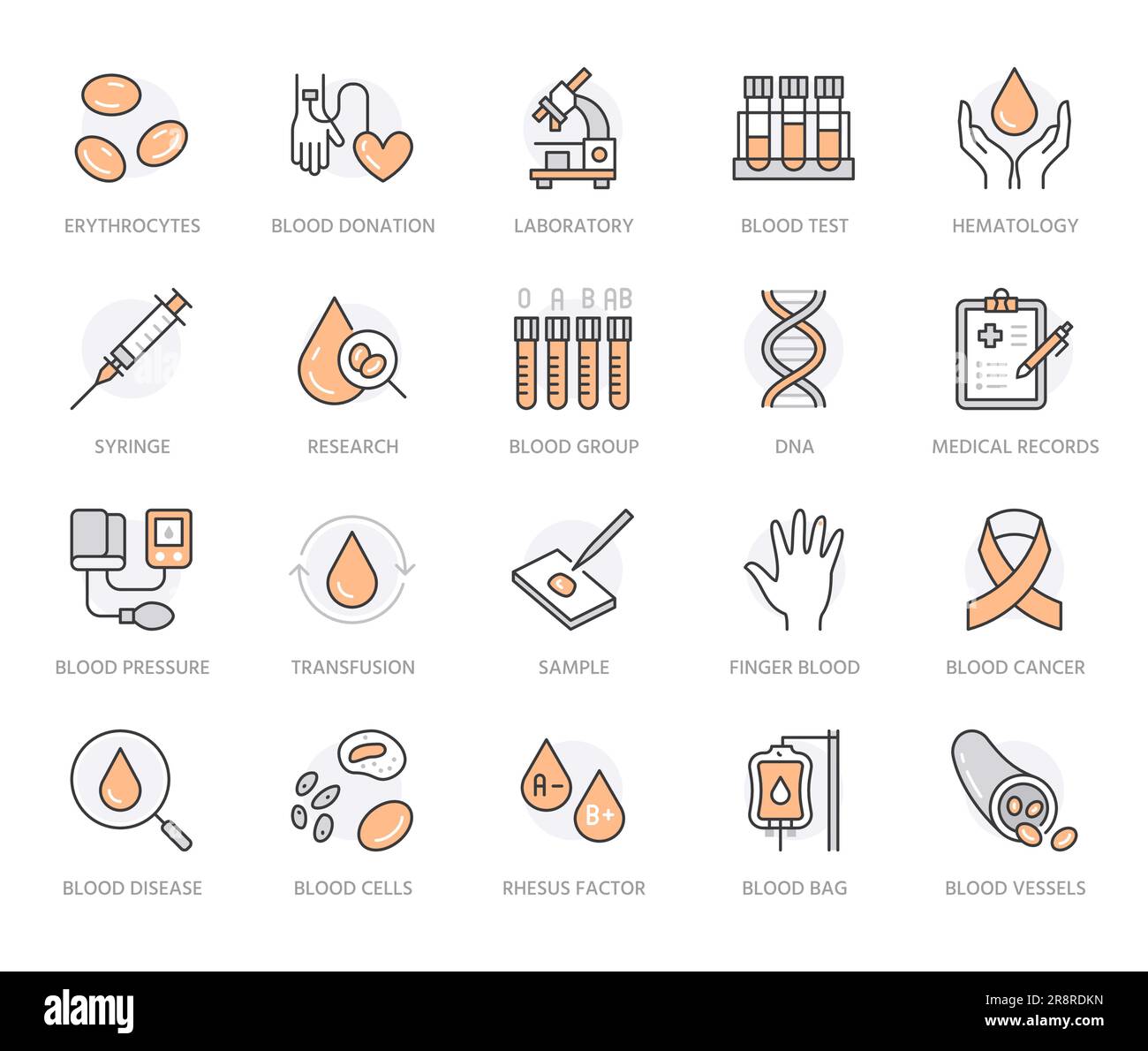 Hematology flat line icons set. Blood cell, vessel, sphygmomanometer ...