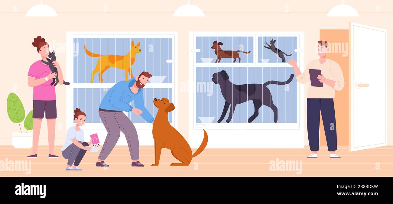 People in animal shelter. Family pet adoption at dogs pound, volunteer ...