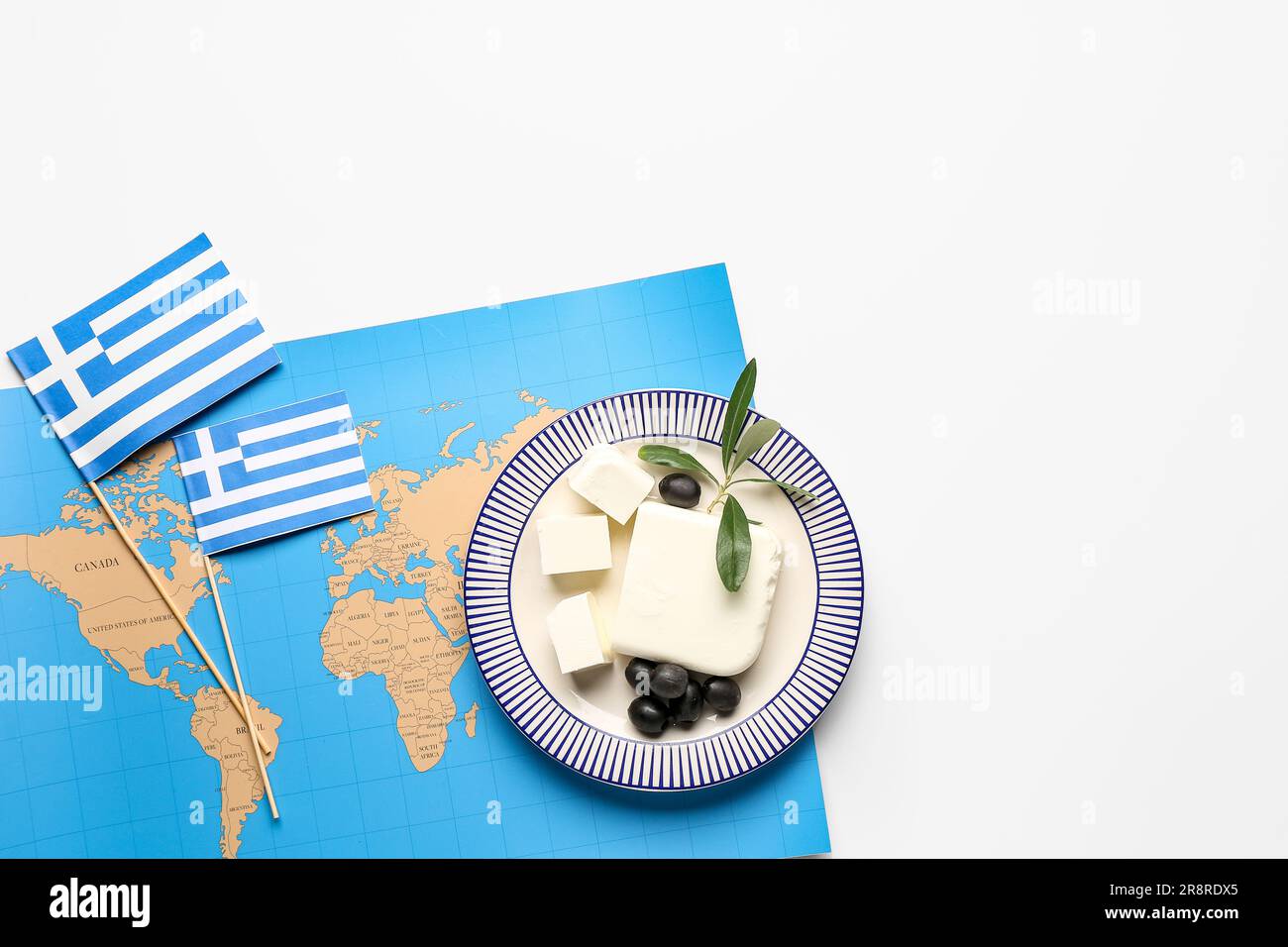 Flags of Greece, world map and plate with feta cheese isolated on white ...