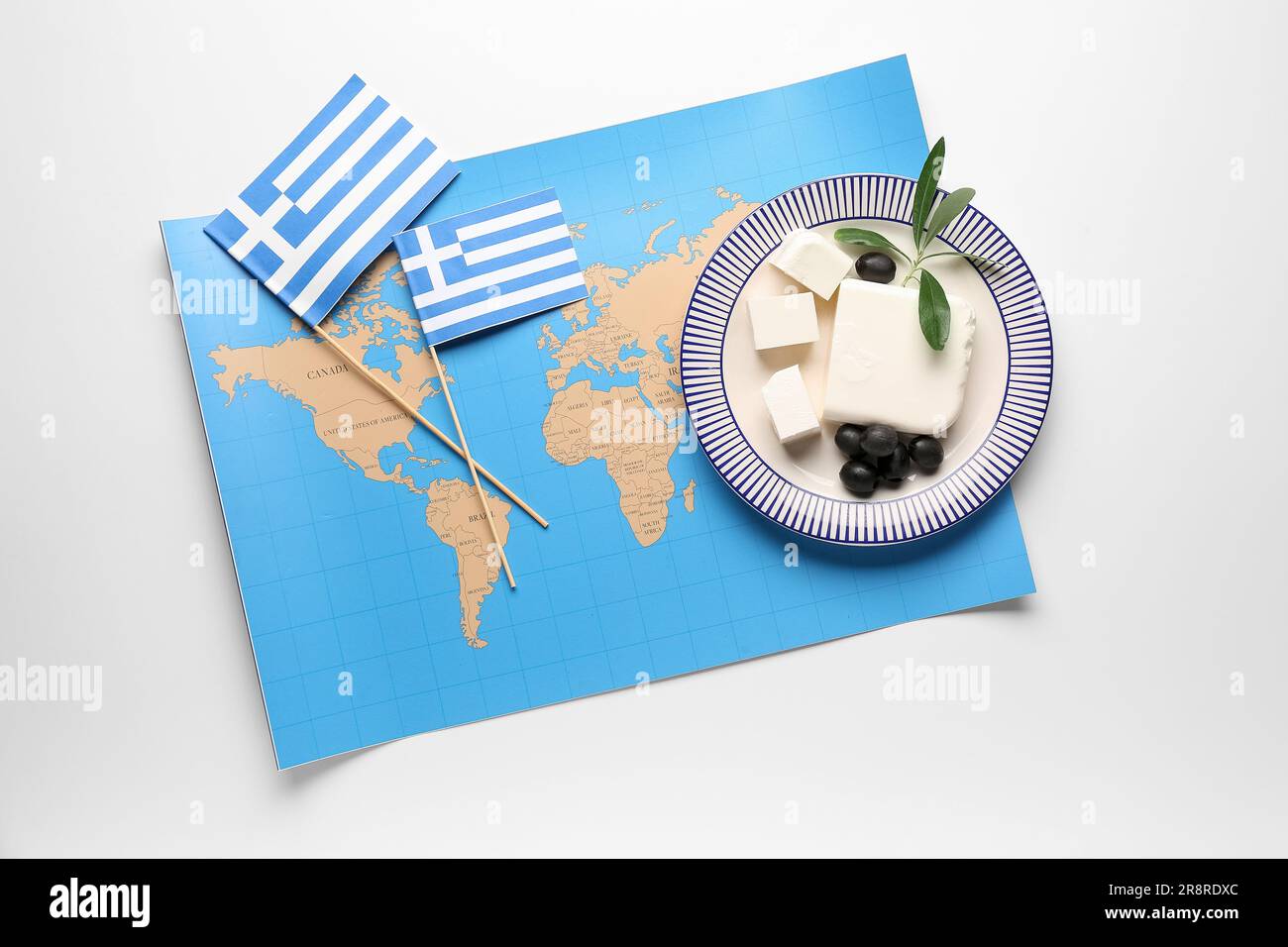 Flags of Greece, world map and plate with feta cheese isolated on white ...