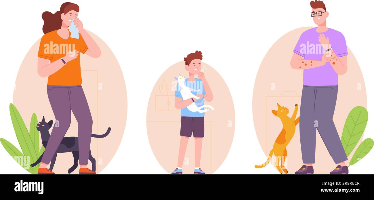 Cat allergy. Diseased woman and man with allergic symptoms nose ...