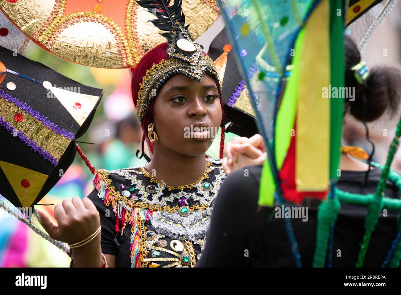 London, UK. 22 June, 2023. Carnival-style costumes on the Windrush ...