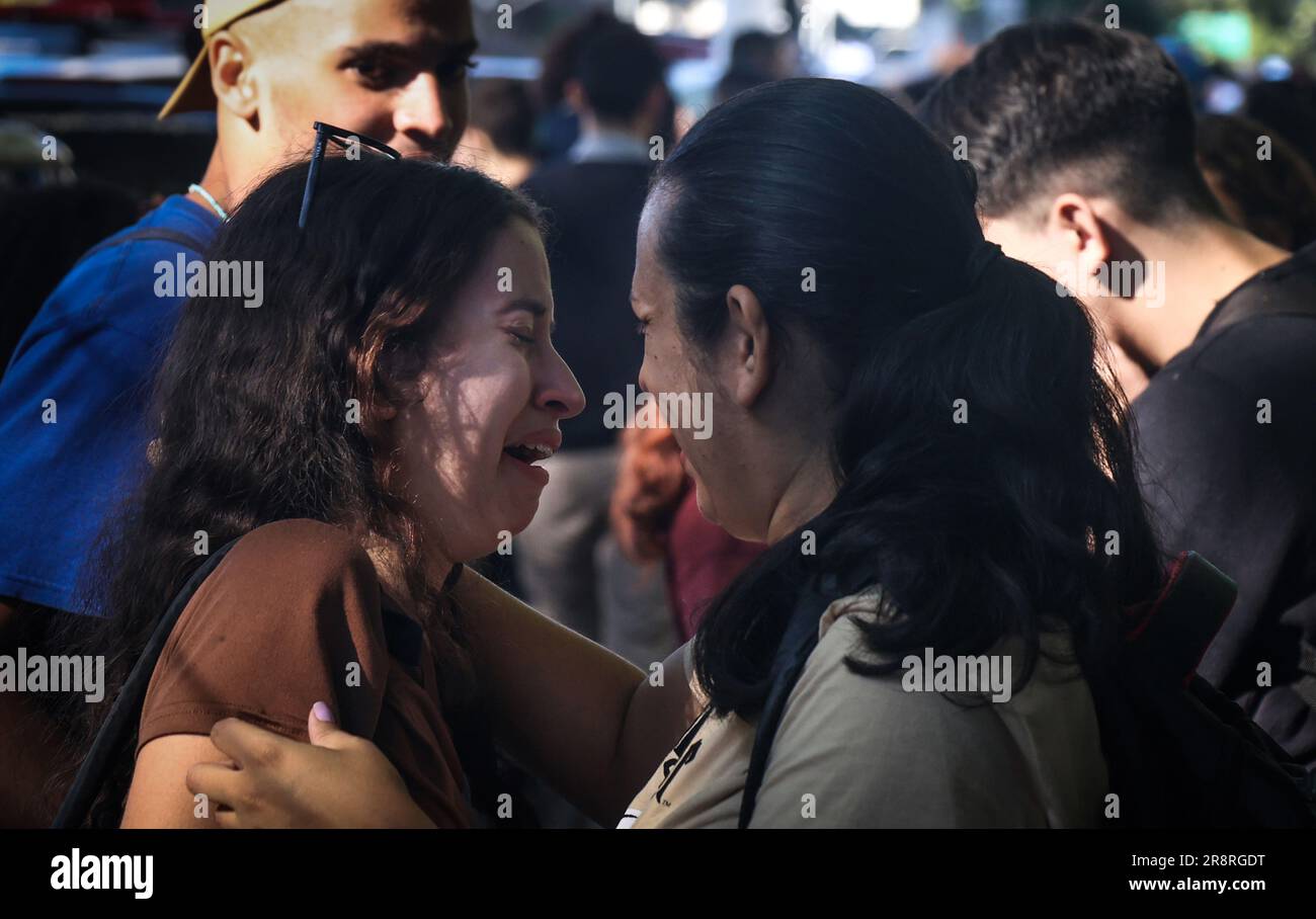 22 June 2023, Brazil, São Paulo: A woman cries in front of the Allianz Parque stadium because ...
