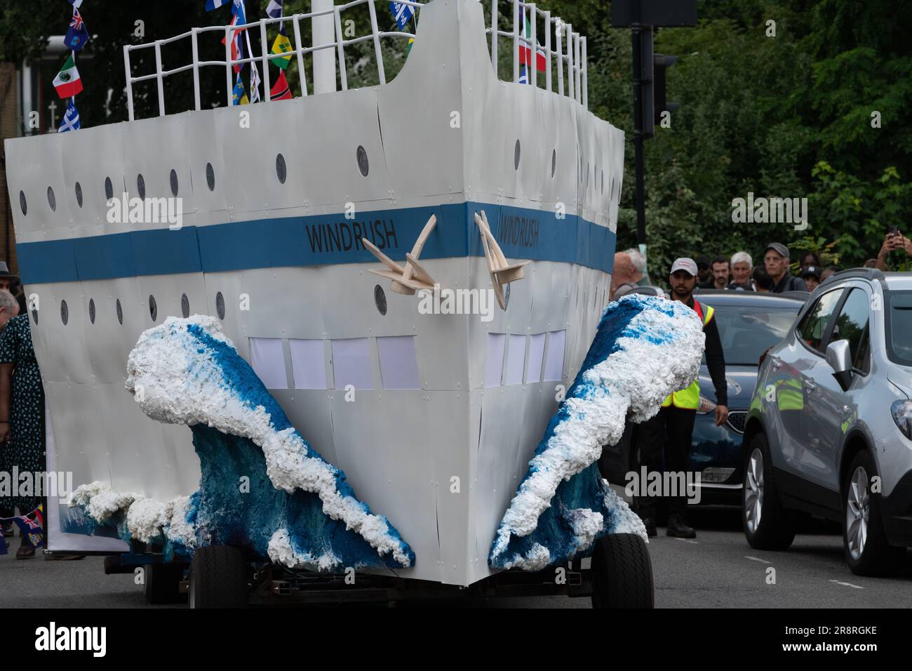 London, UK. 22 June, 2023. A model of the Empire Windrush leads the ...