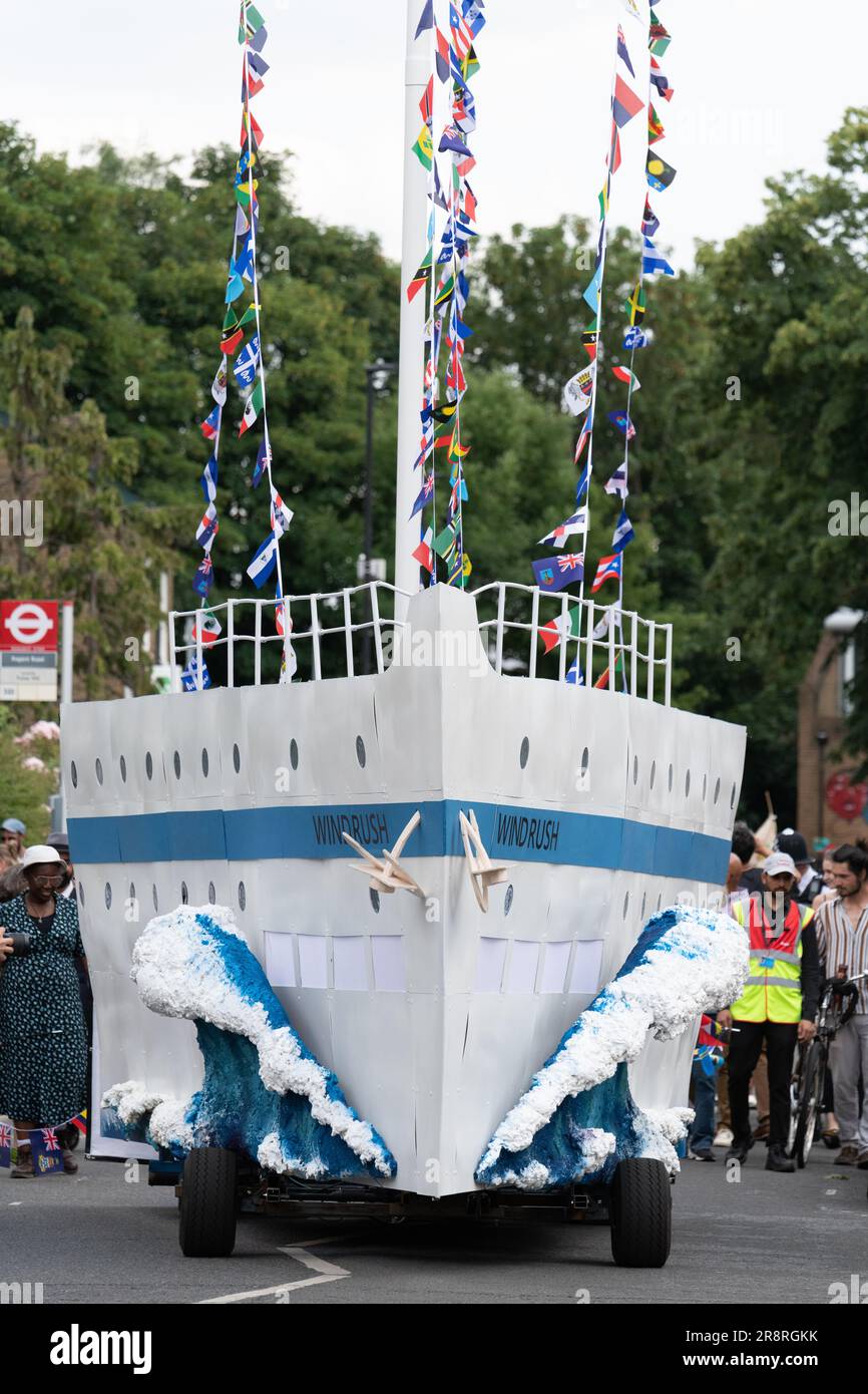 London, UK. 22 June, 2023. A model of the Empire Windrush leads the ...