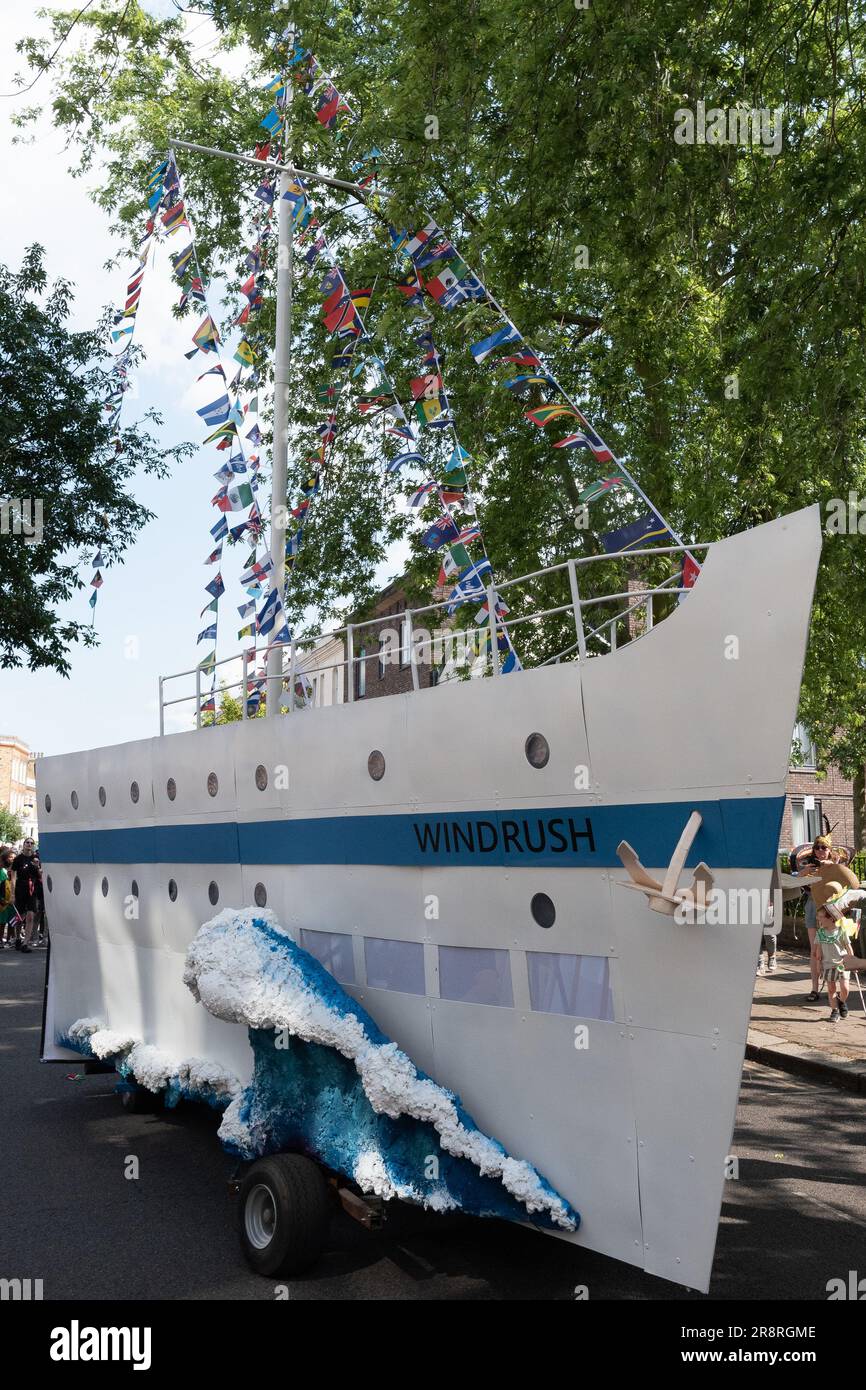 London, UK. 22 June, 2023. A model of the Empire Windrush leads the ...