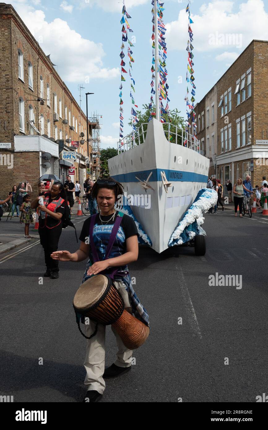 London, UK. 22 June, 2023. A model of the Empire Windrush leads the ...