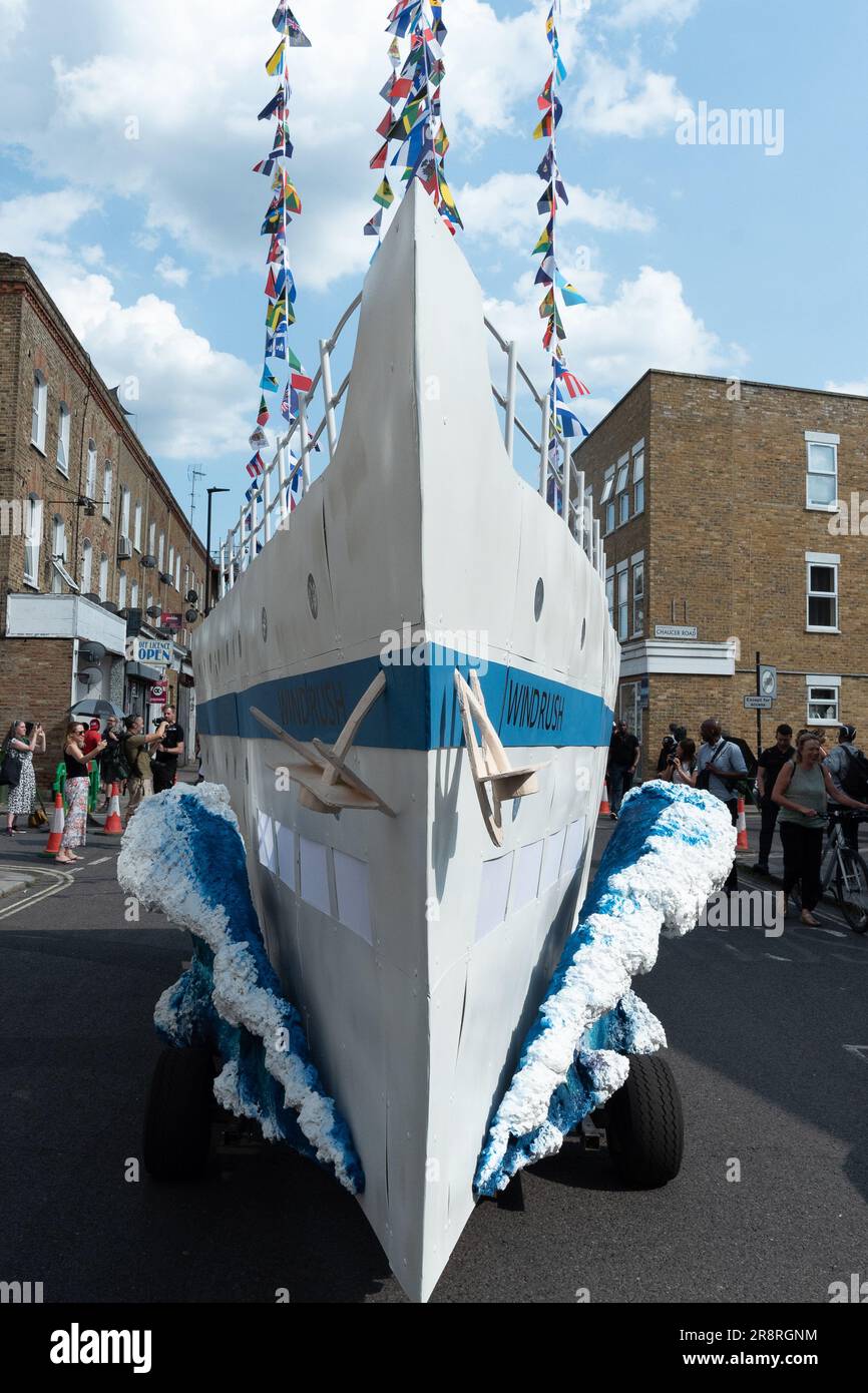 London, UK. 22 June, 2023. A model of the Empire Windrush leads the ...