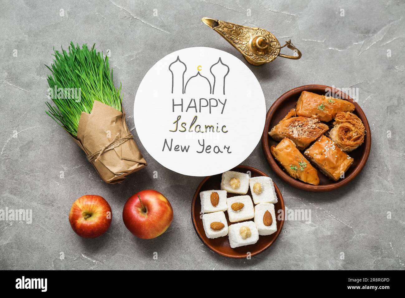 Card with text HAPPY ISLAMIC NEW YEAR, sweets, grass and Aladdin lamp ...