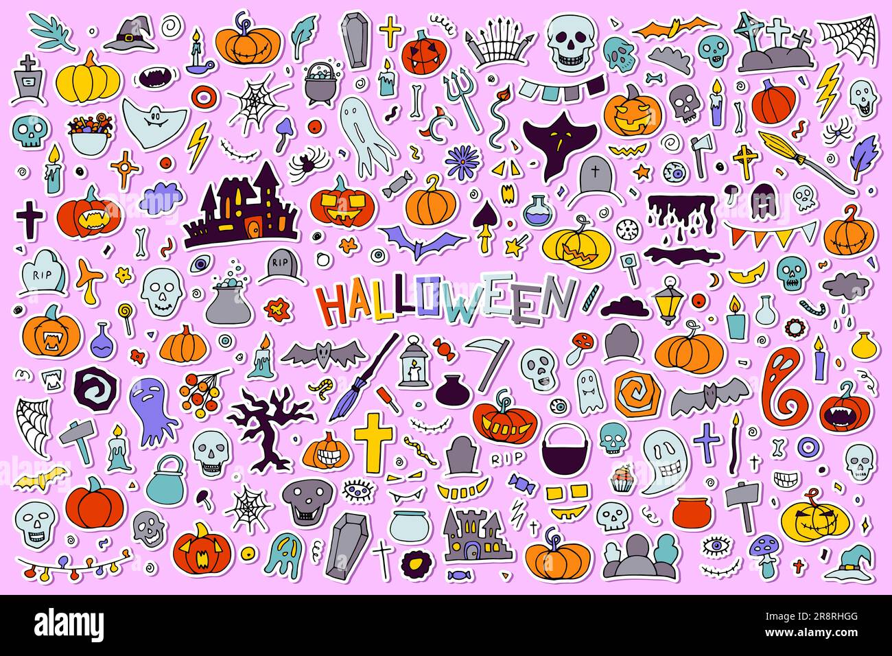 Doodle Halloween sticker set. Hand-drawn autumn pumpkin, grave, ghost ...