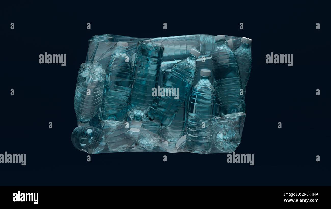 Bunch of plastic water bottles wrapped in a transparent plastic against ...
