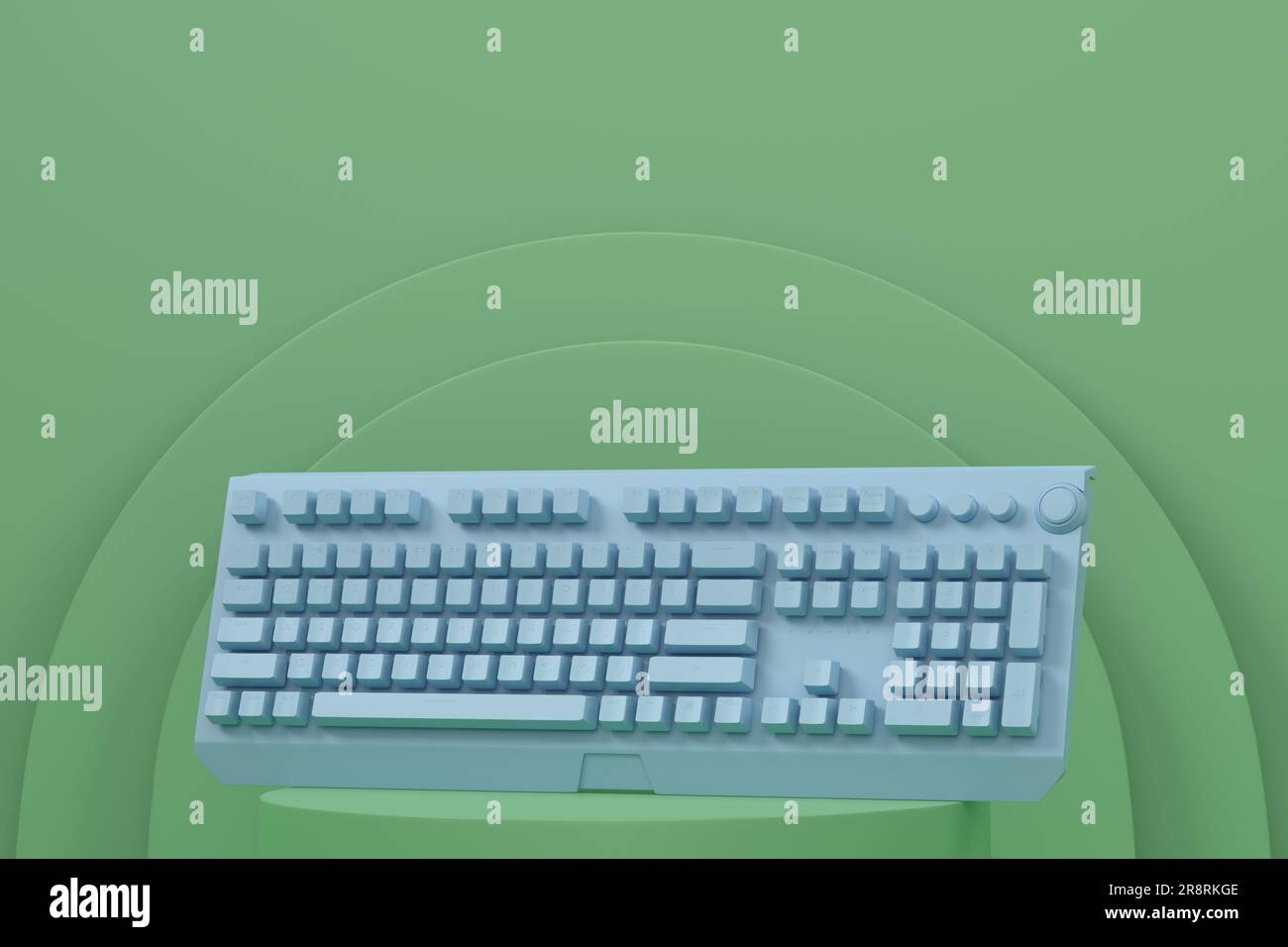 Realistic computer keyboard on cylinder podium with steps on monochrome ...