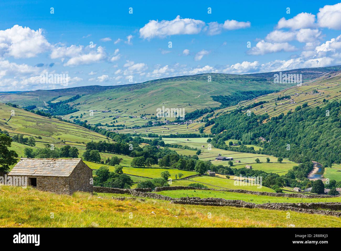 Swaledale in the Yorkshire Dales. High above the village of Gunnerside ...