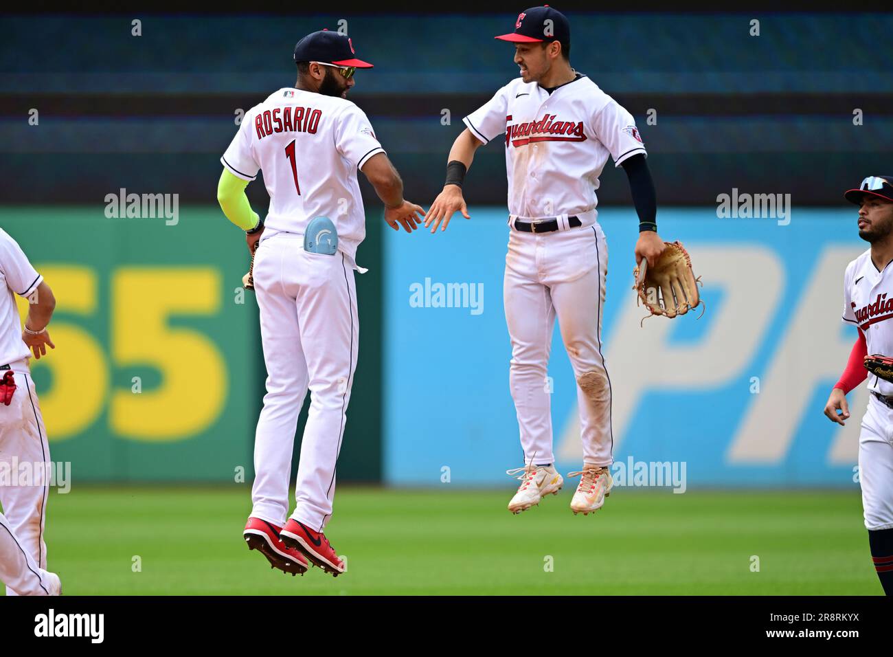 Cleveland Guardians shortstop Amed Rosario and left fielder Steven Kwan ...