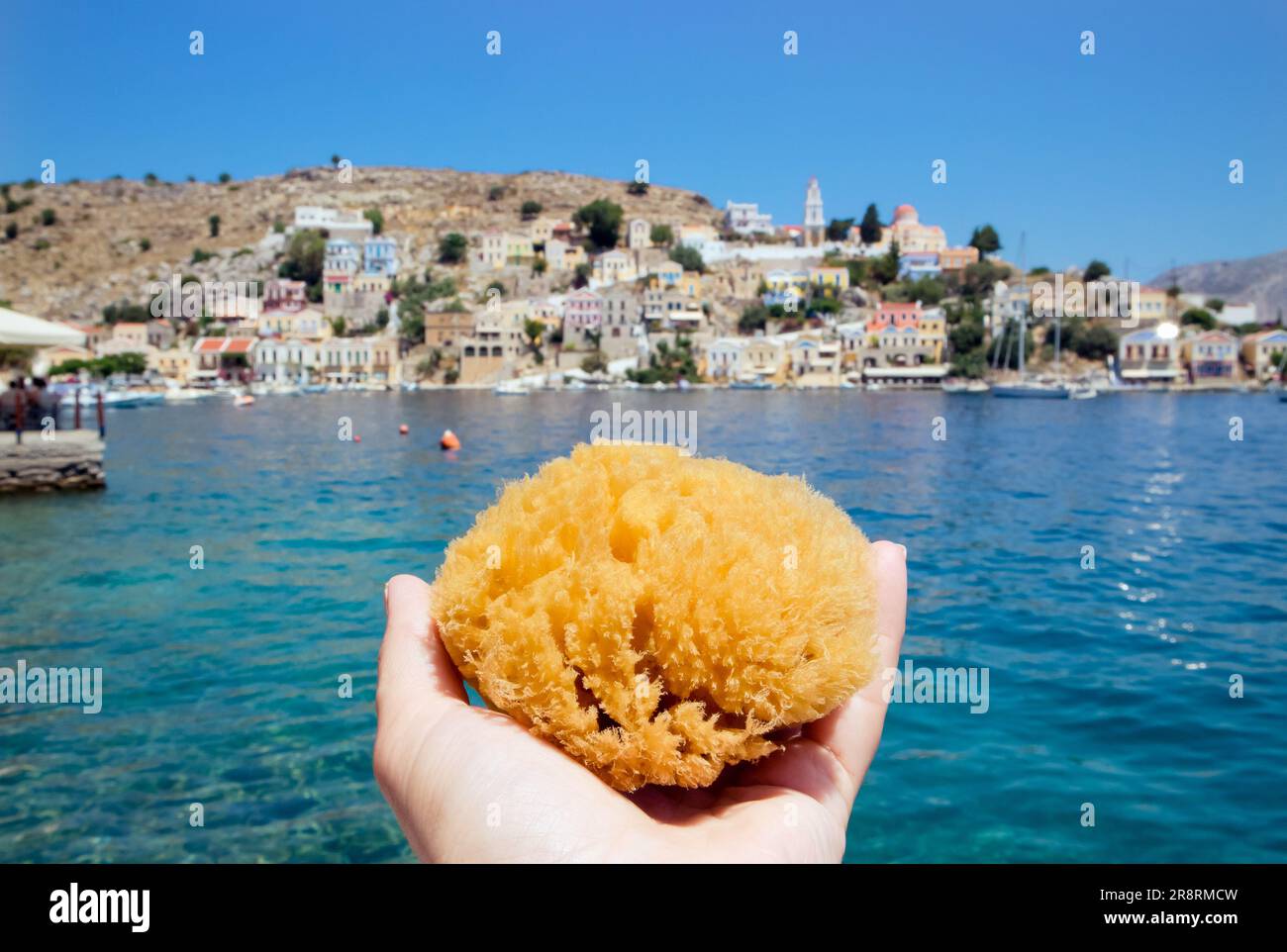 Tourist person holding local Greek Symi island sea sponge, with Symi ...